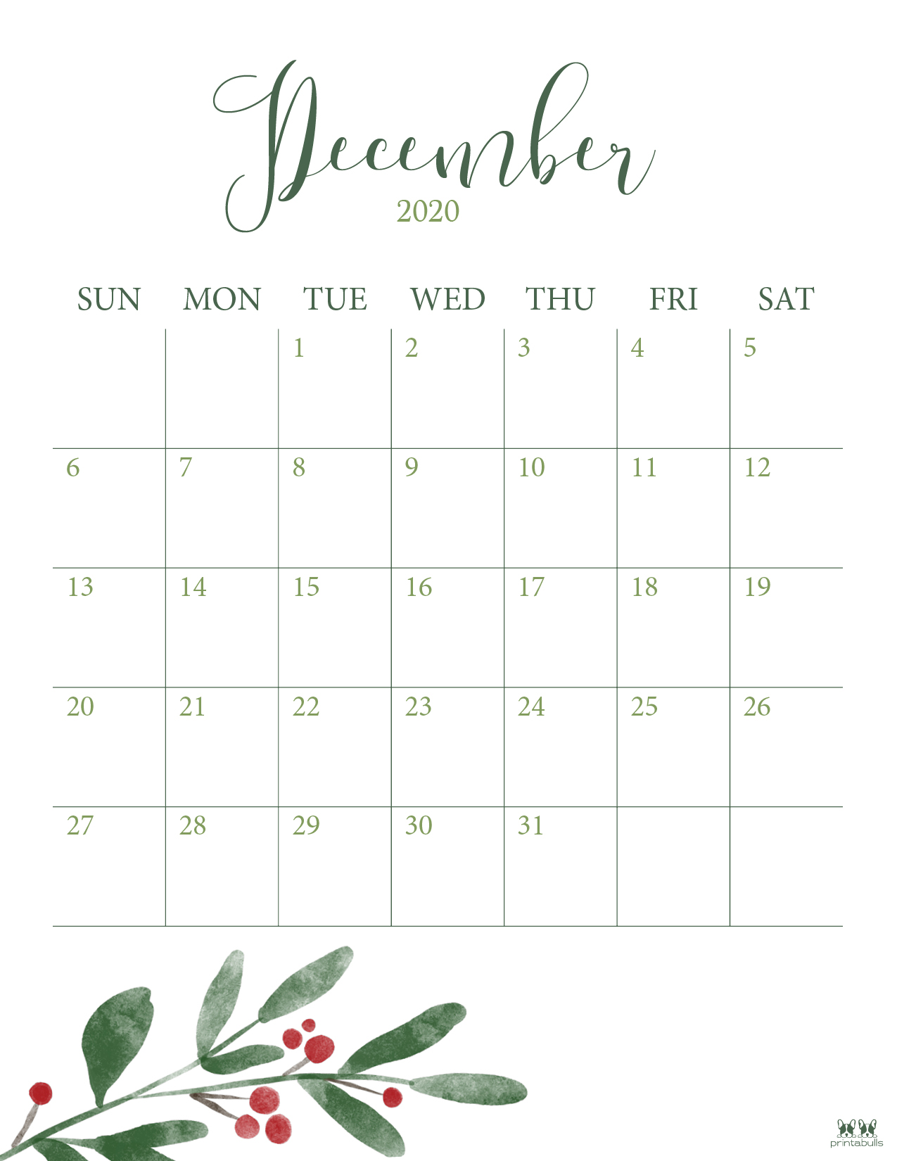December 2020 Calendars | Printabulls