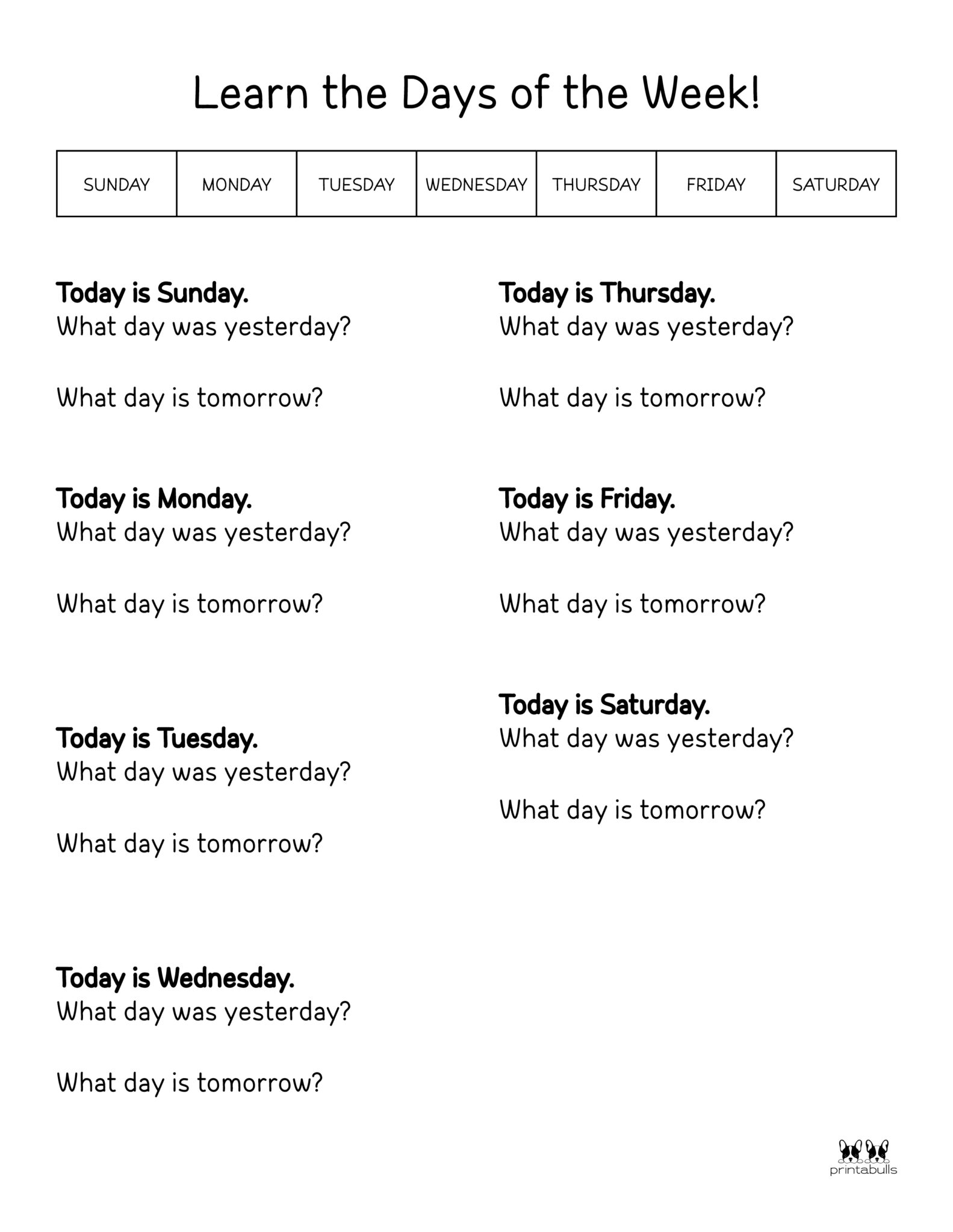Days of the Week Worksheets & Printables - 50 Free Pages | Printabulls