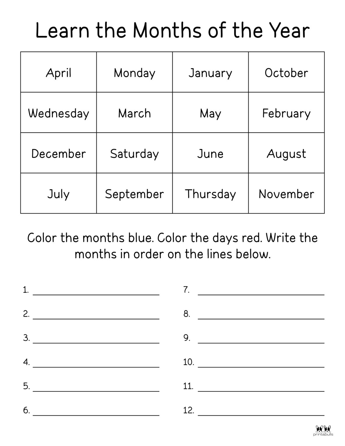 Months of the Year Worksheets & Printables | Printabulls