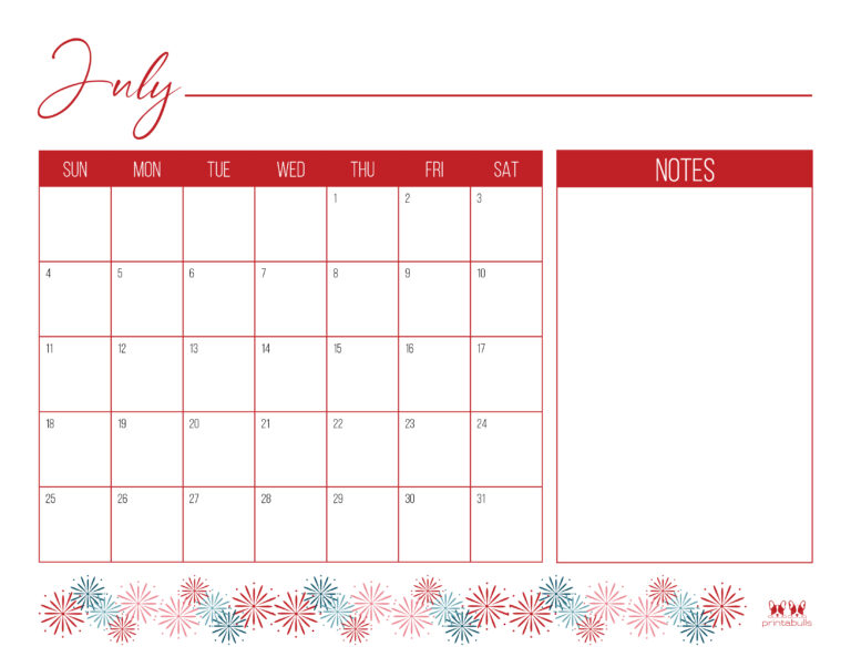 July 2021 Calendars - 15 Free Printables | Printabulls
