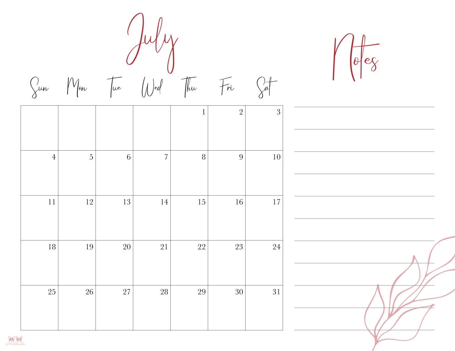 July 2021 Calendars - 15 Free Printables | Printabulls