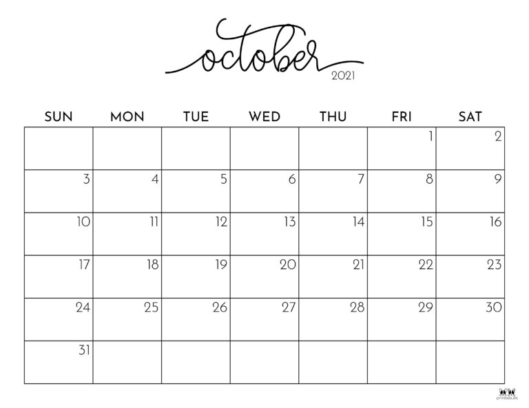 October 2021 Calendars - 15 FREE Printables | Printabulls
