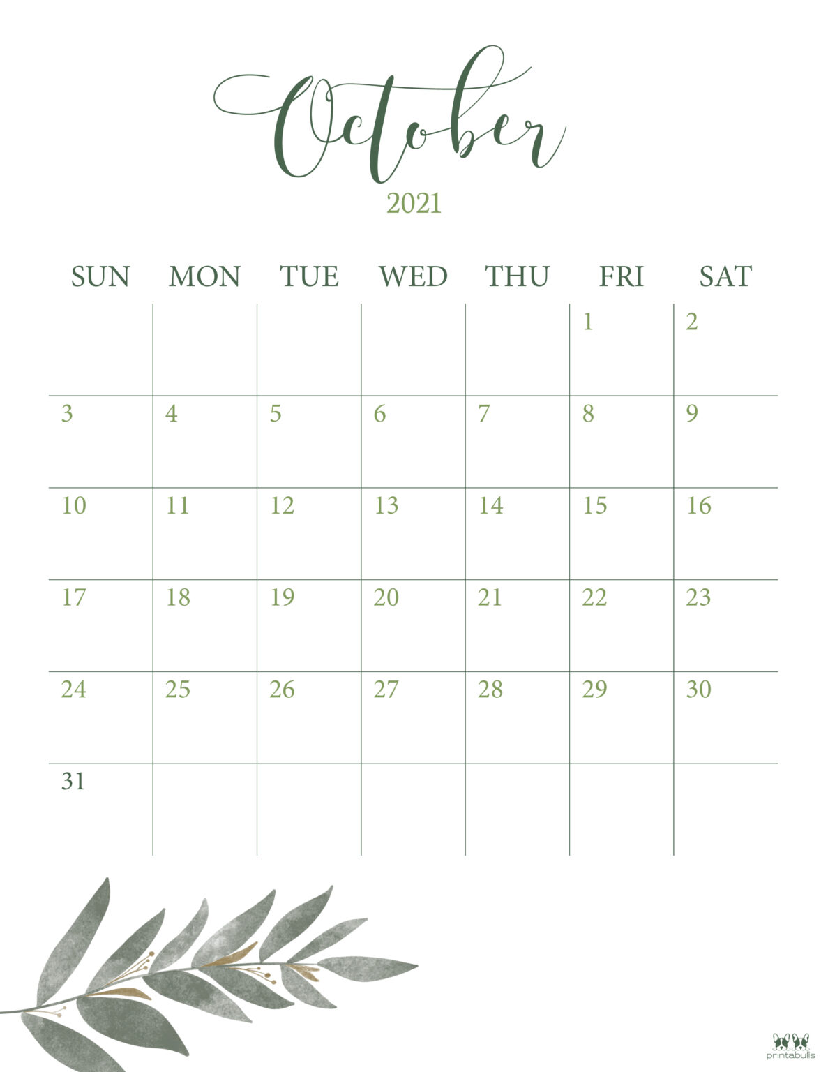 October 2021 Calendars - 15 FREE Printables | Printabulls