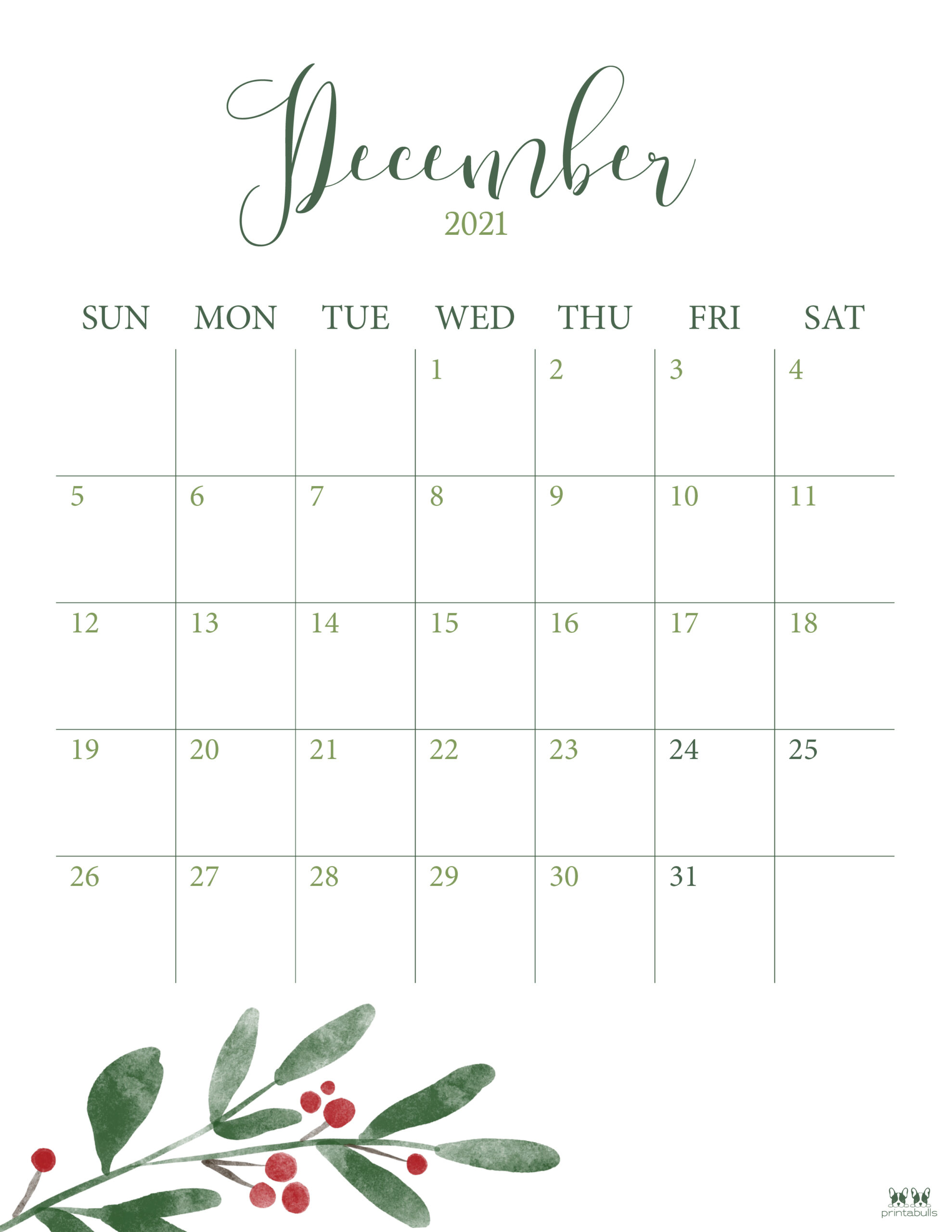 December 2021 Calendars - 15 FREE Printables | Printabulls