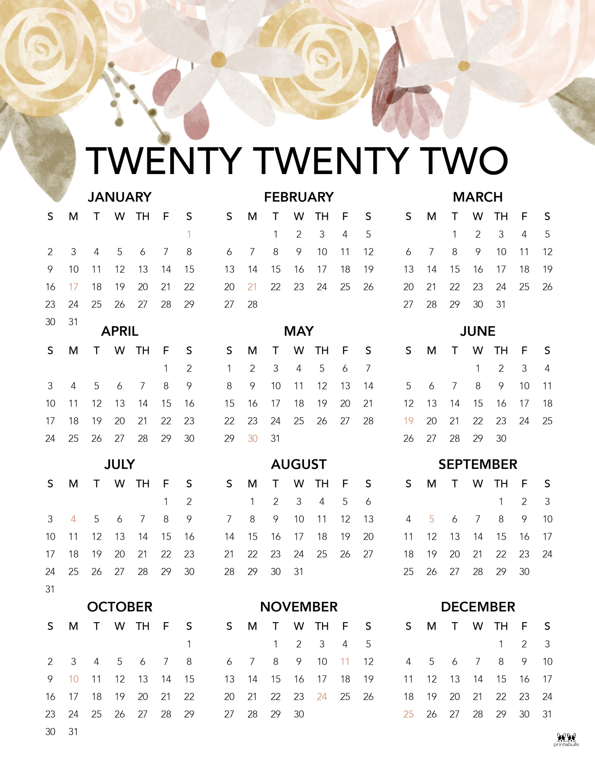 2022 Yearly Calendars - 25 FREE Printables | Printabulls