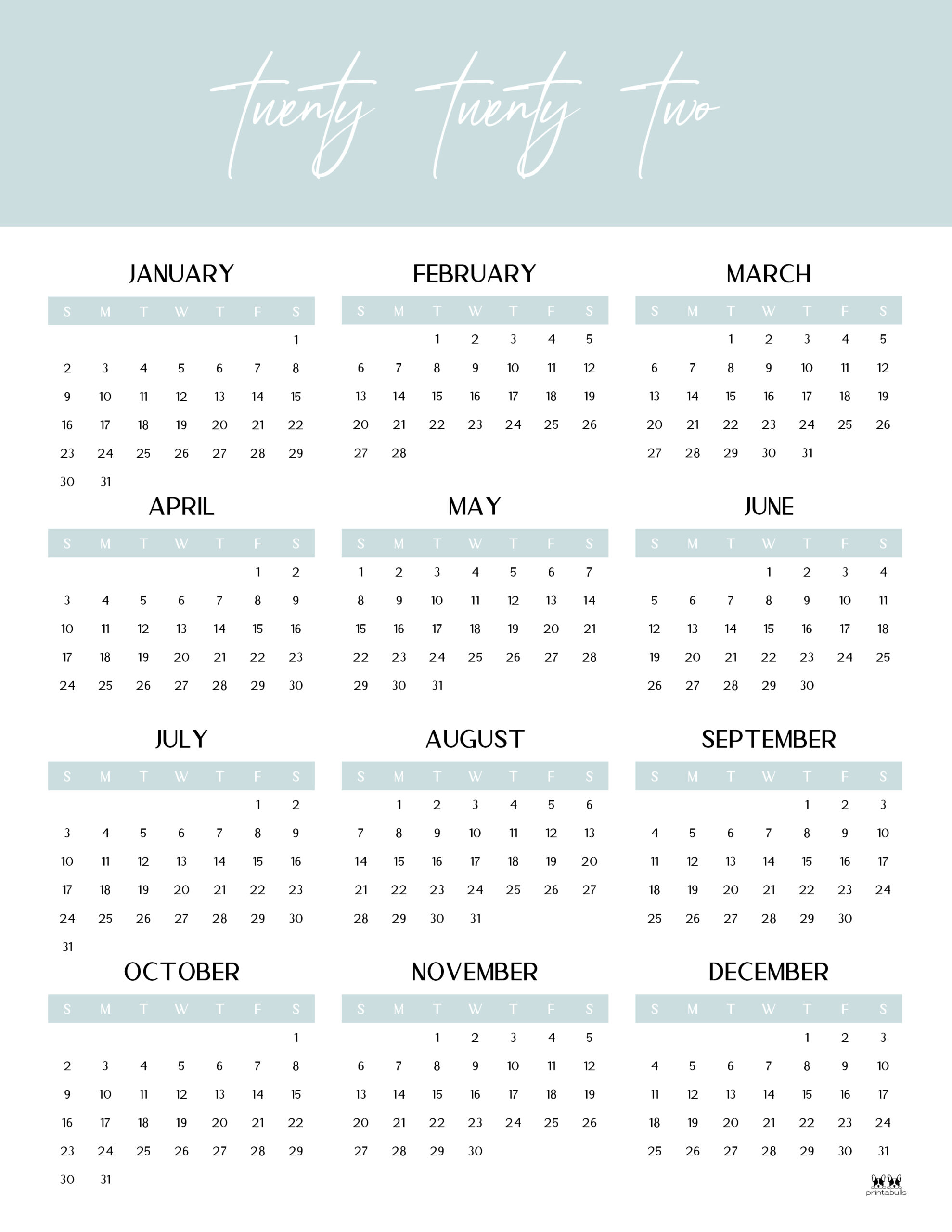 2022 Yearly Calendars - 25 FREE Printables | Printabulls