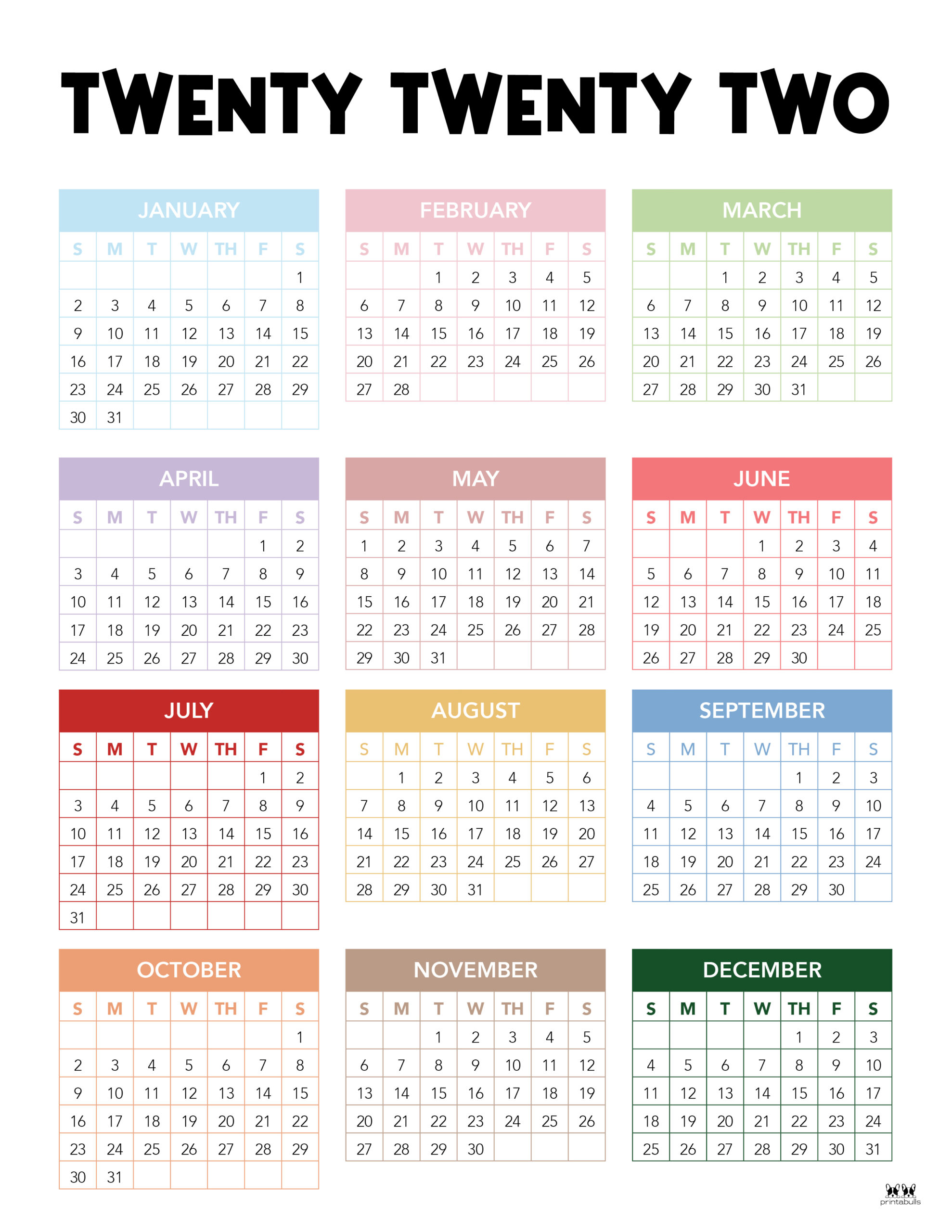 2022 Yearly Calendars - 25 FREE Printables | Printabulls