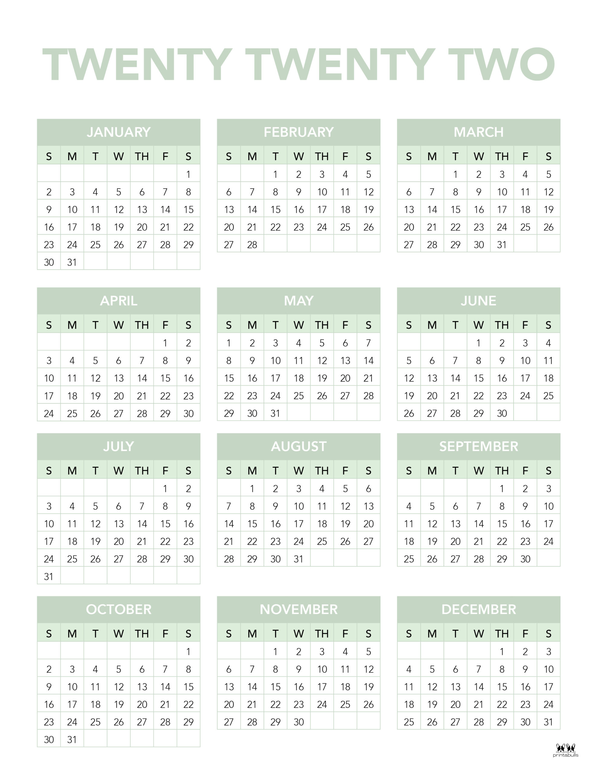 2022 Yearly Calendars - 25 FREE Printables | Printabulls