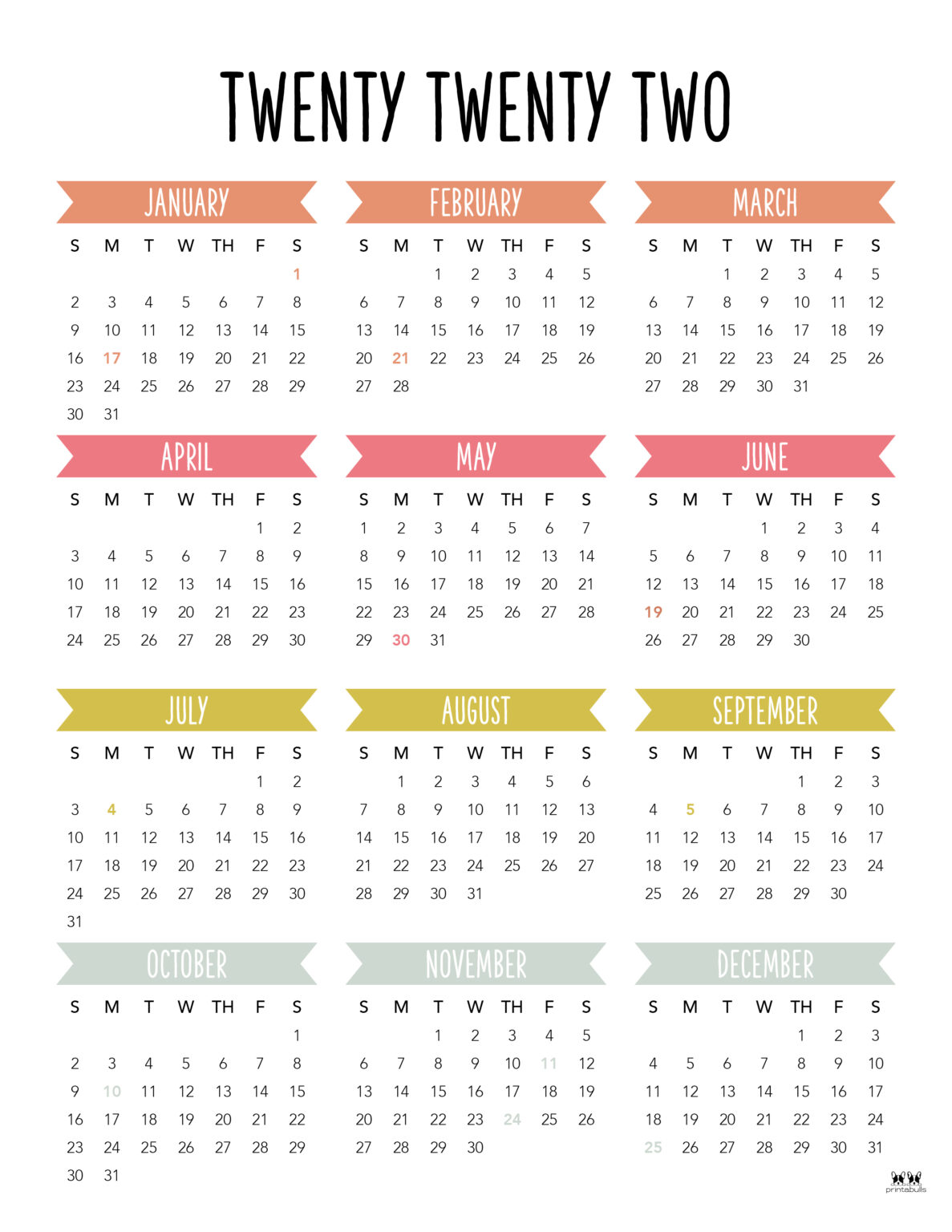 2022 Yearly Calendars - 25 FREE Printables | Printabulls