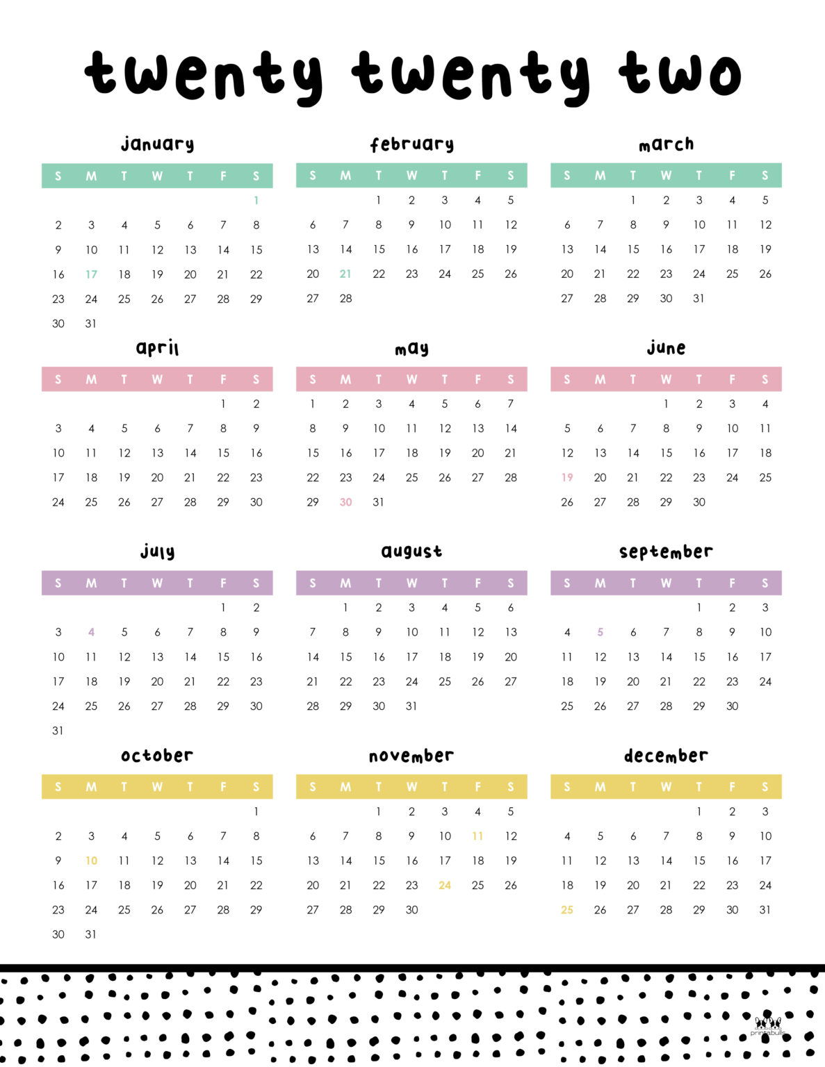 2022 Yearly Calendars - 25 FREE Printables | Printabulls