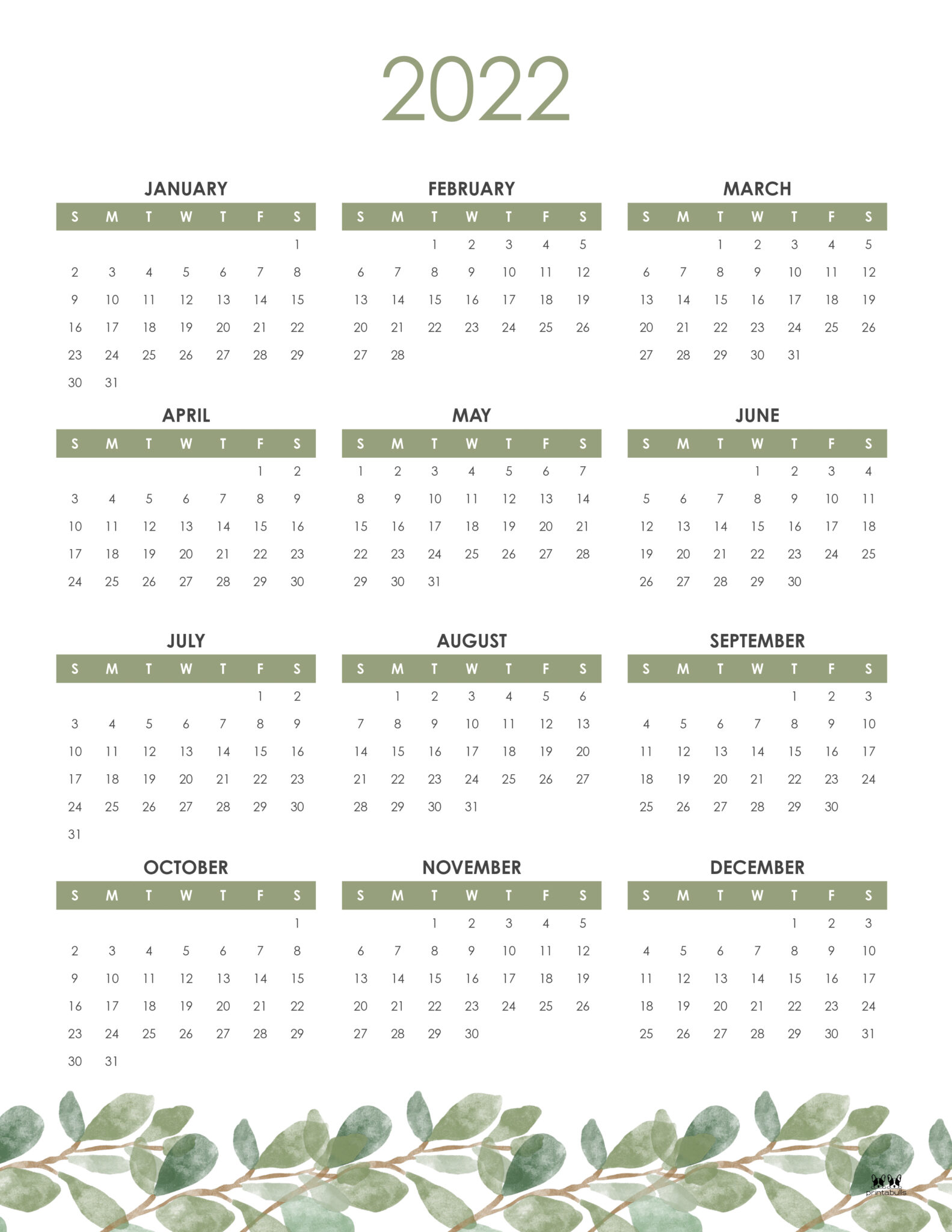 2022 Yearly Calendars - 25 FREE Printables | Printabulls