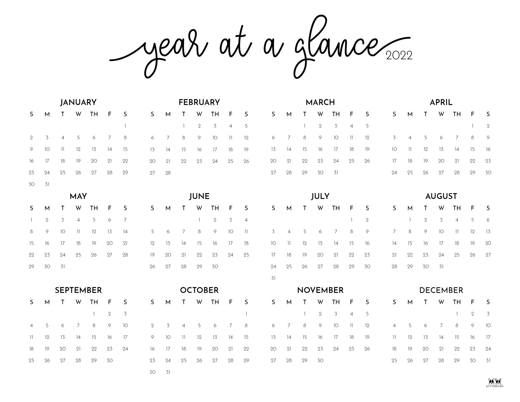 2022 Yearly Calendars - 25 FREE Printables | Printabulls