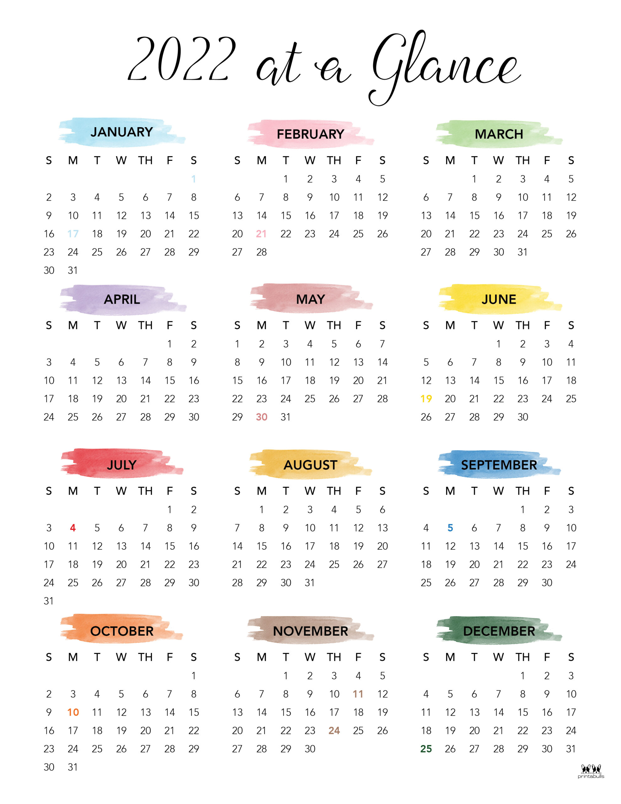 2022 Yearly Calendars - 25 FREE Printables | Printabulls