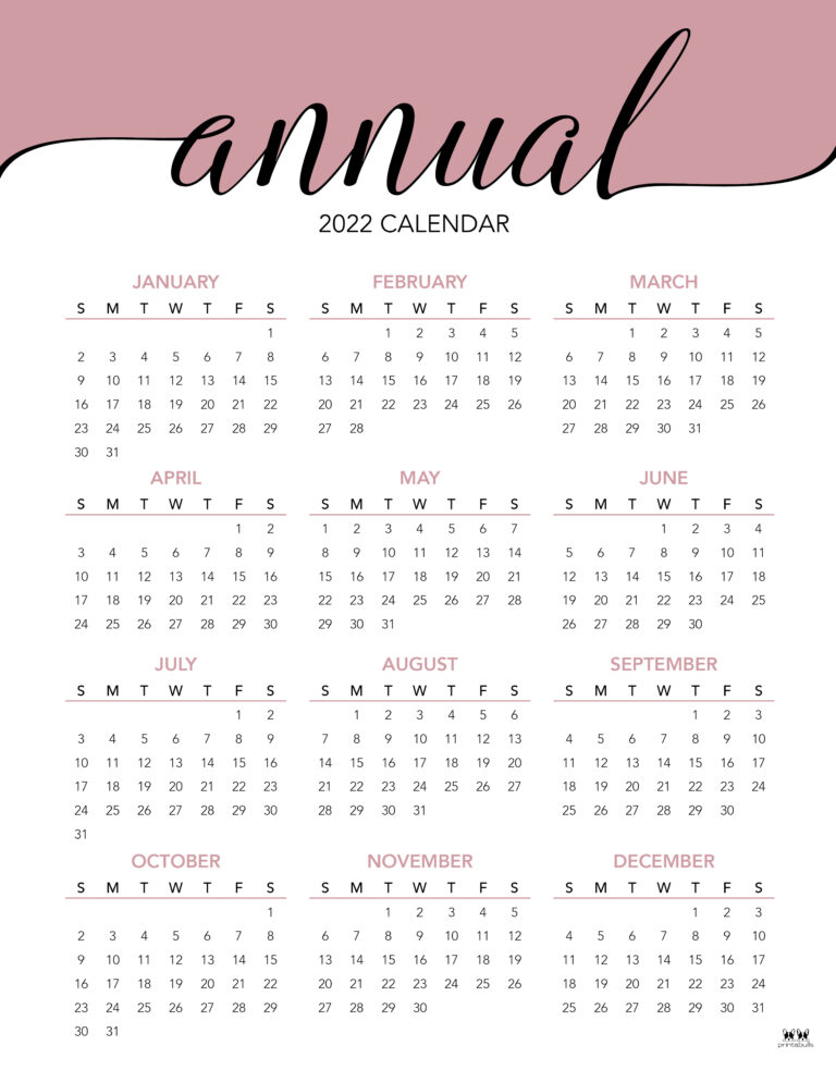 2022 Yearly Calendars - 25 FREE Printables | Printabulls