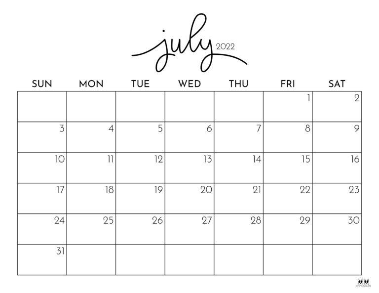 July 2022 Calendars - 33 FREE Printables | Printabulls