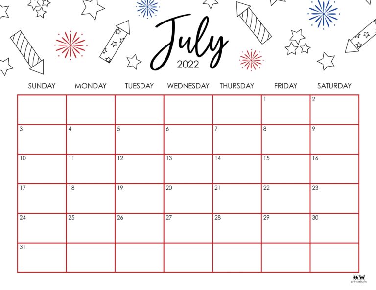 July 2022 Calendars - 33 FREE Printables | Printabulls