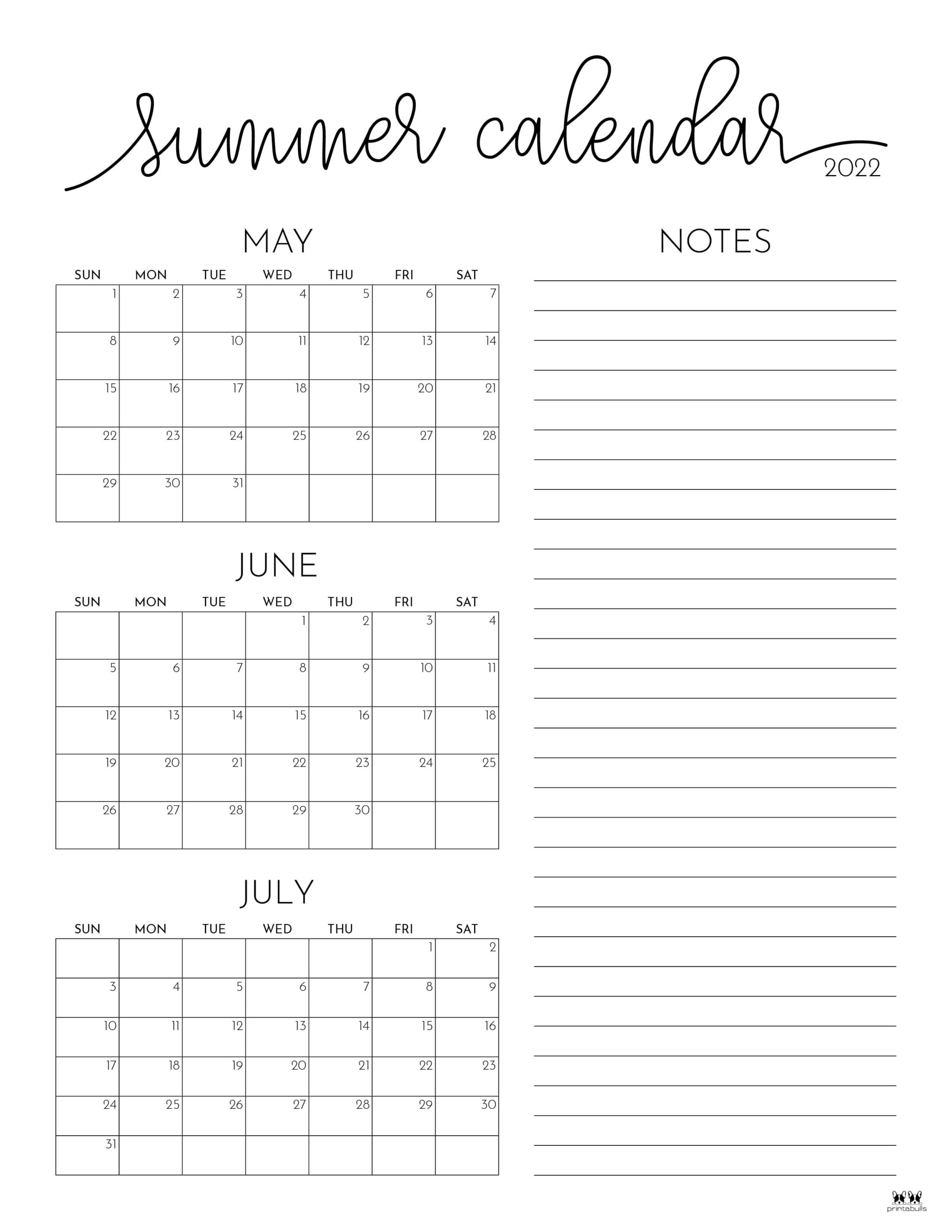 2022 Summer Calendars - 15 FREE Printables | Printabulls