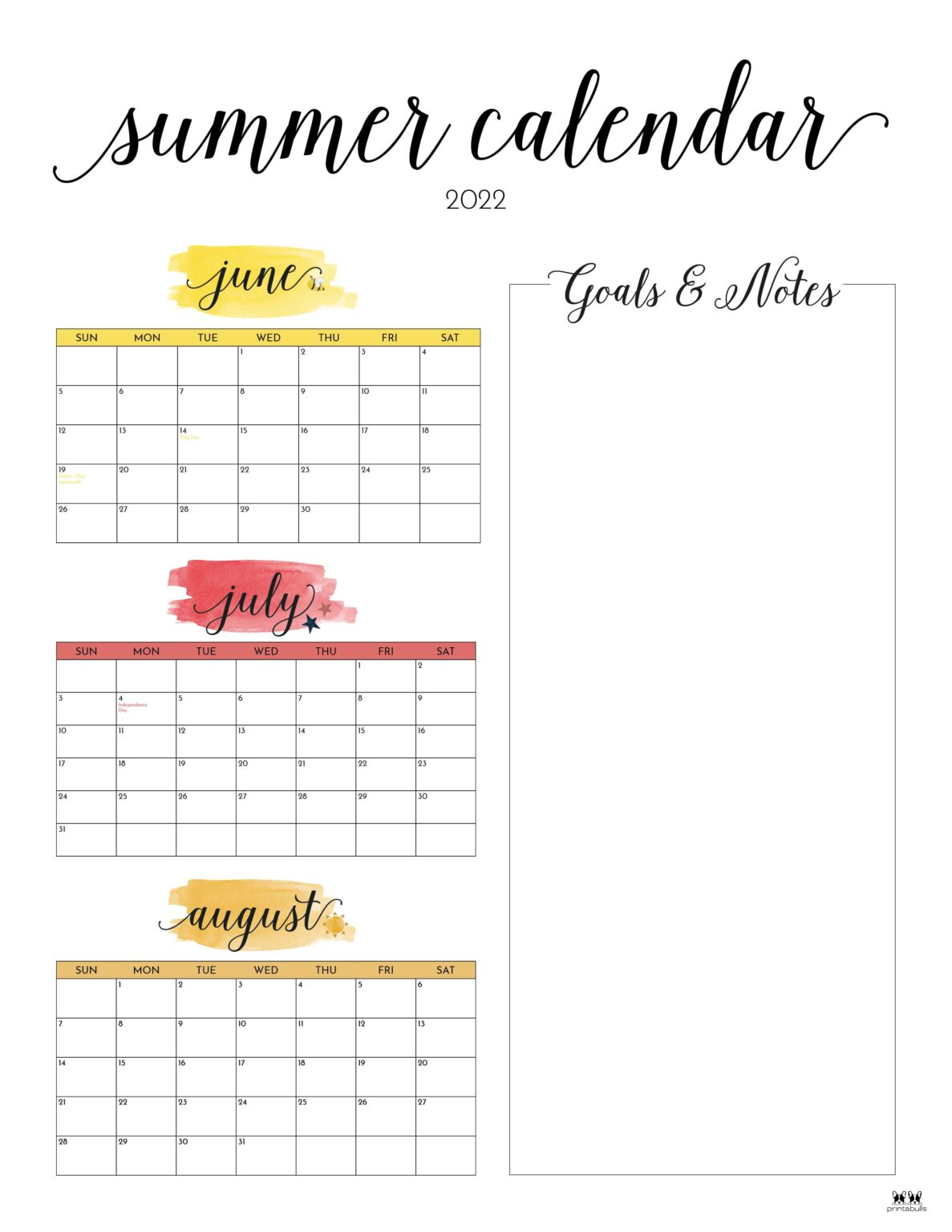 2022 Summer Calendars - 15 FREE Printables | Printabulls