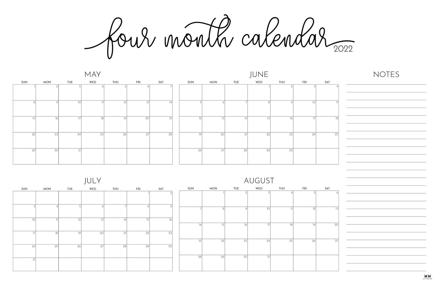 2022 4 Month Calendars - 20 FREE Printables | Printabulls