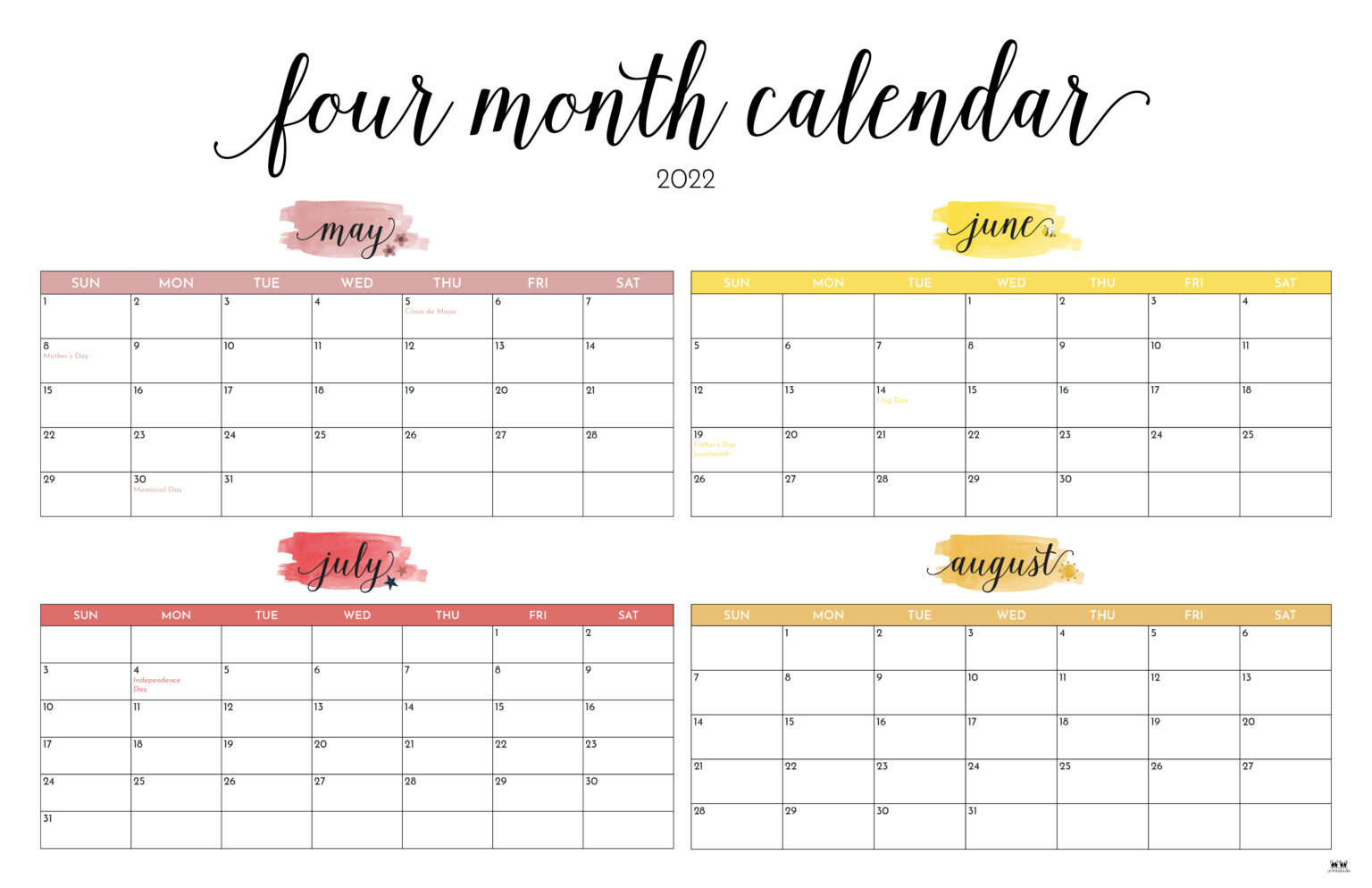 2022 4 Month Calendars - 20 FREE Printables | Printabulls