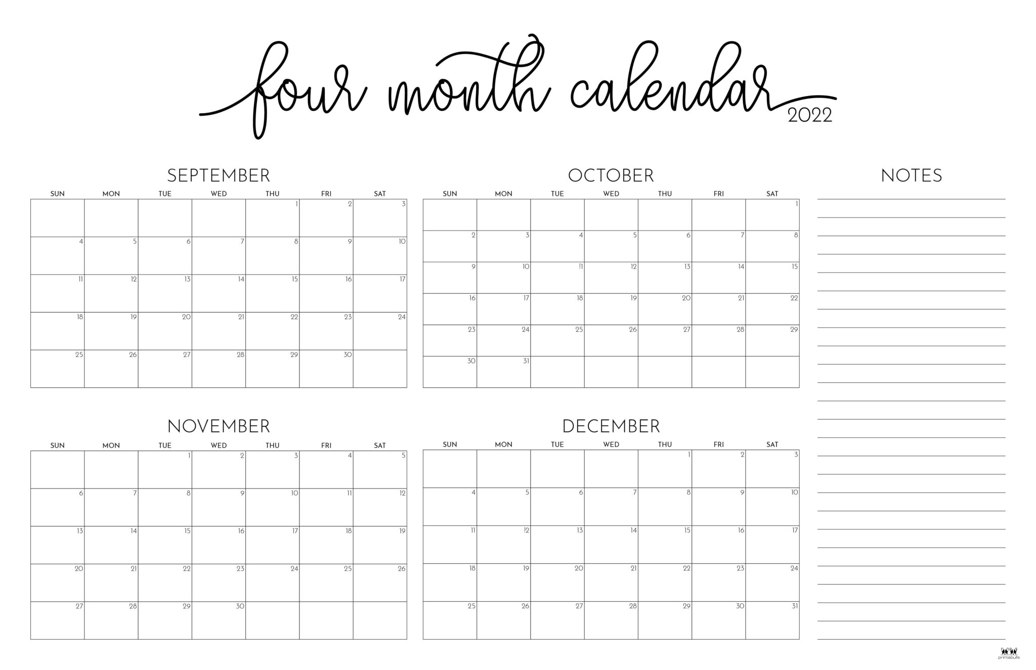 2022 4 Month Calendars - 20 FREE Printables | Printabulls