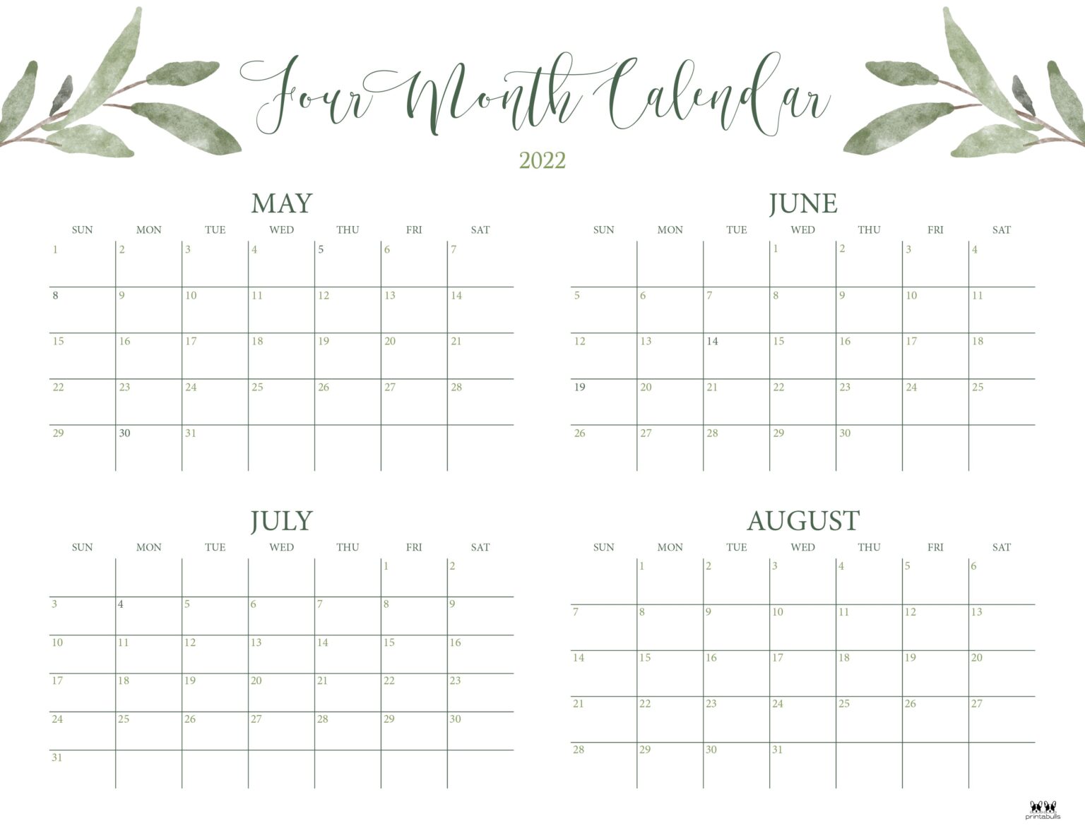 2022 4 Month Calendars - 20 FREE Printables | Printabulls