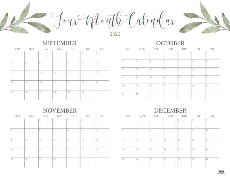 2022 4 Month Calendars - 20 FREE Printables | Printabulls