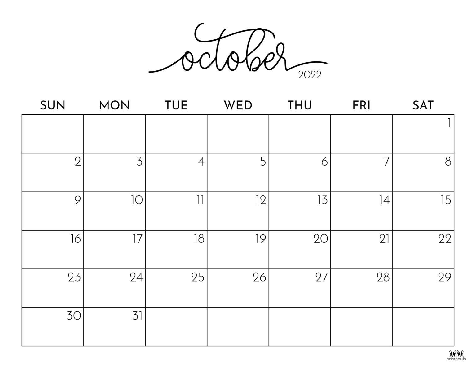 October 2022 Calendars - 50 FREE Printables | Printabulls