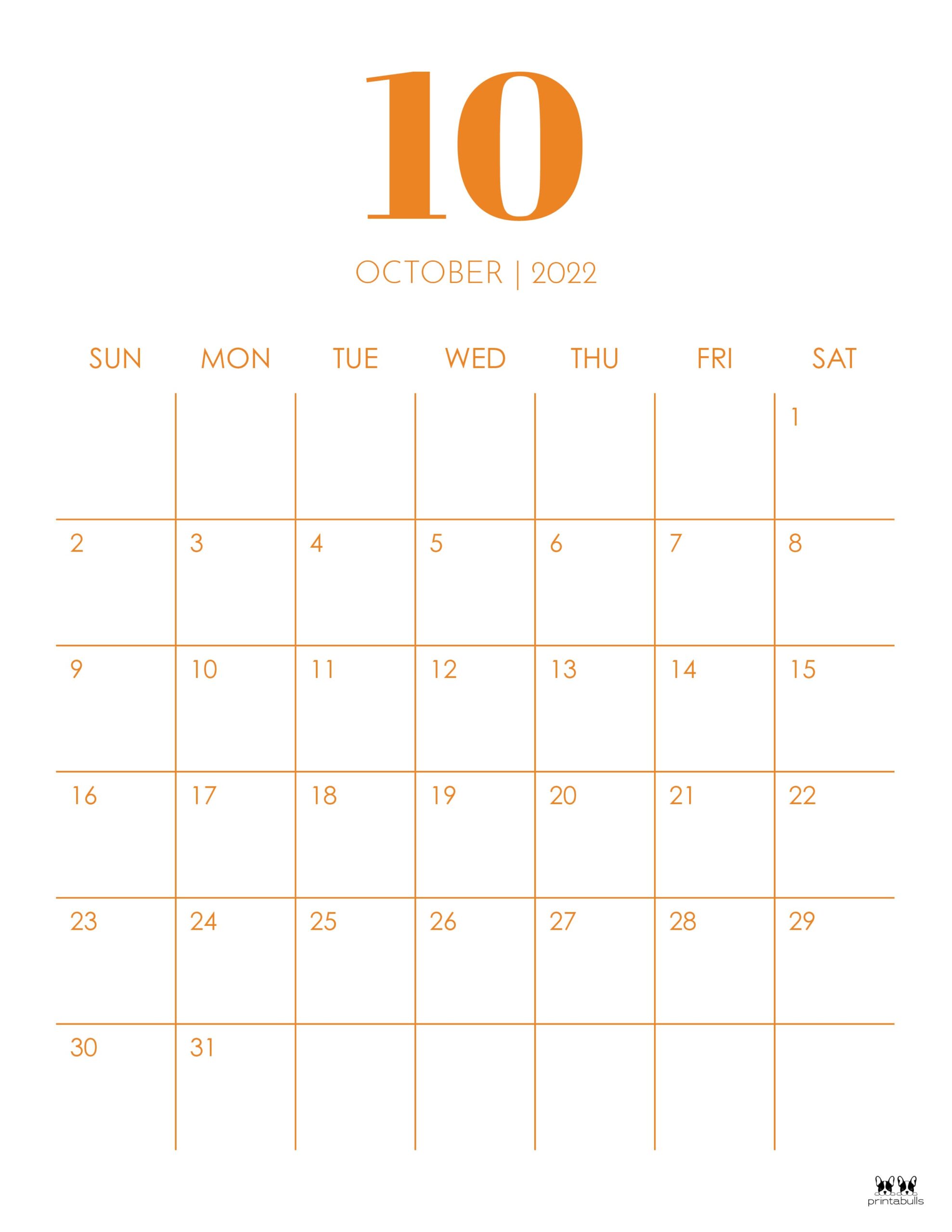 October 2022 Calendars - 50 FREE Printables | Printabulls