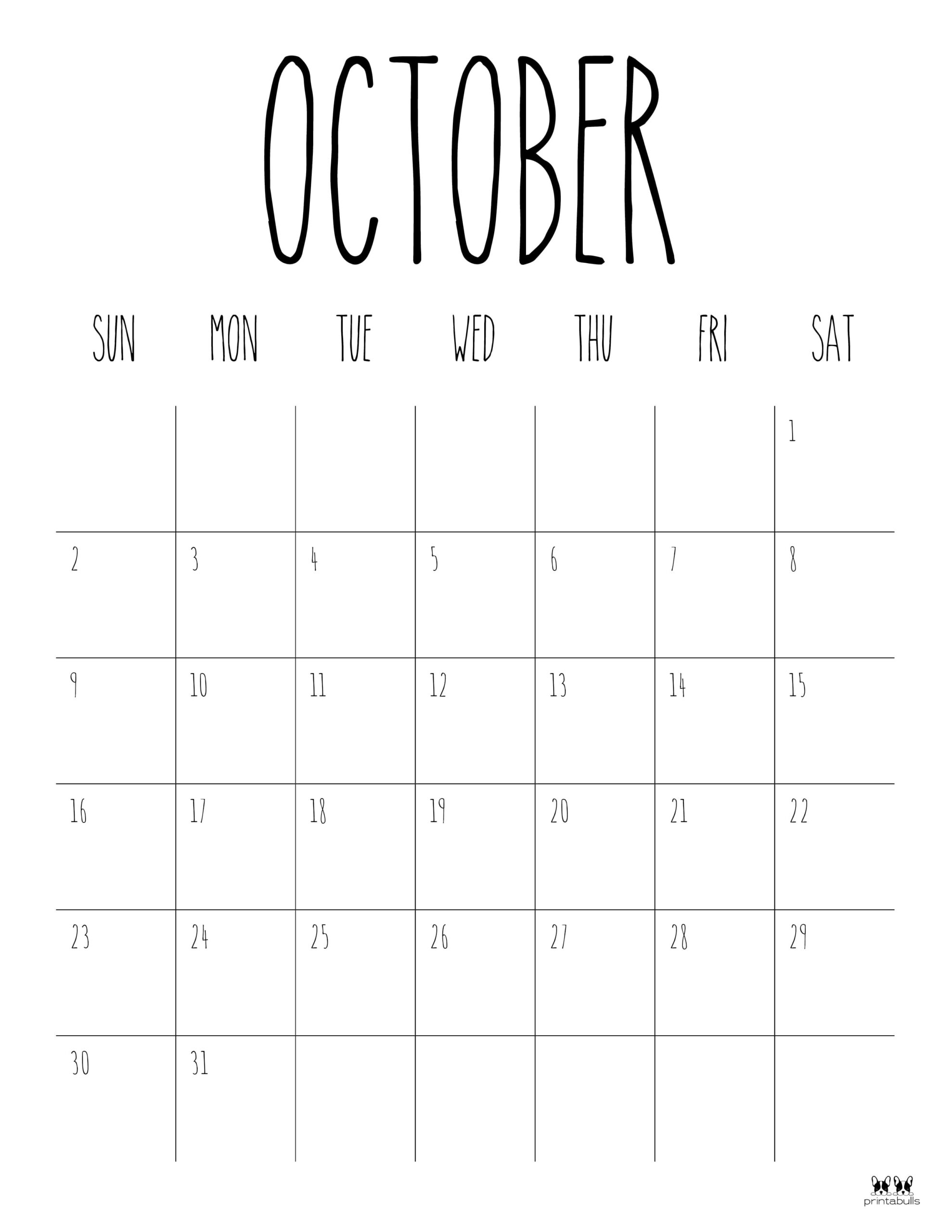 October 2022 Calendars - 50 FREE Printables | Printabulls