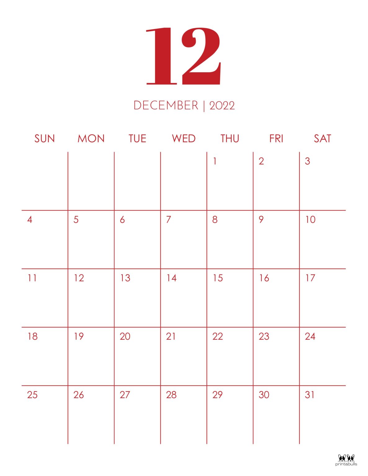 December 2022 Calendars - 50 FREE Printables | Printabulls