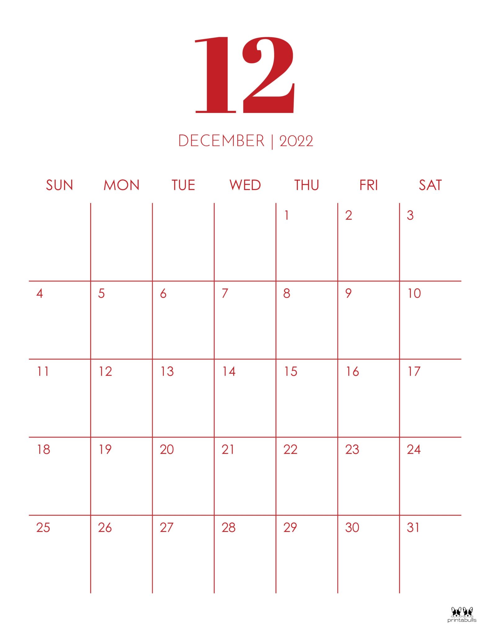 December 2022 Calendars - 50 FREE Printables | Printabulls