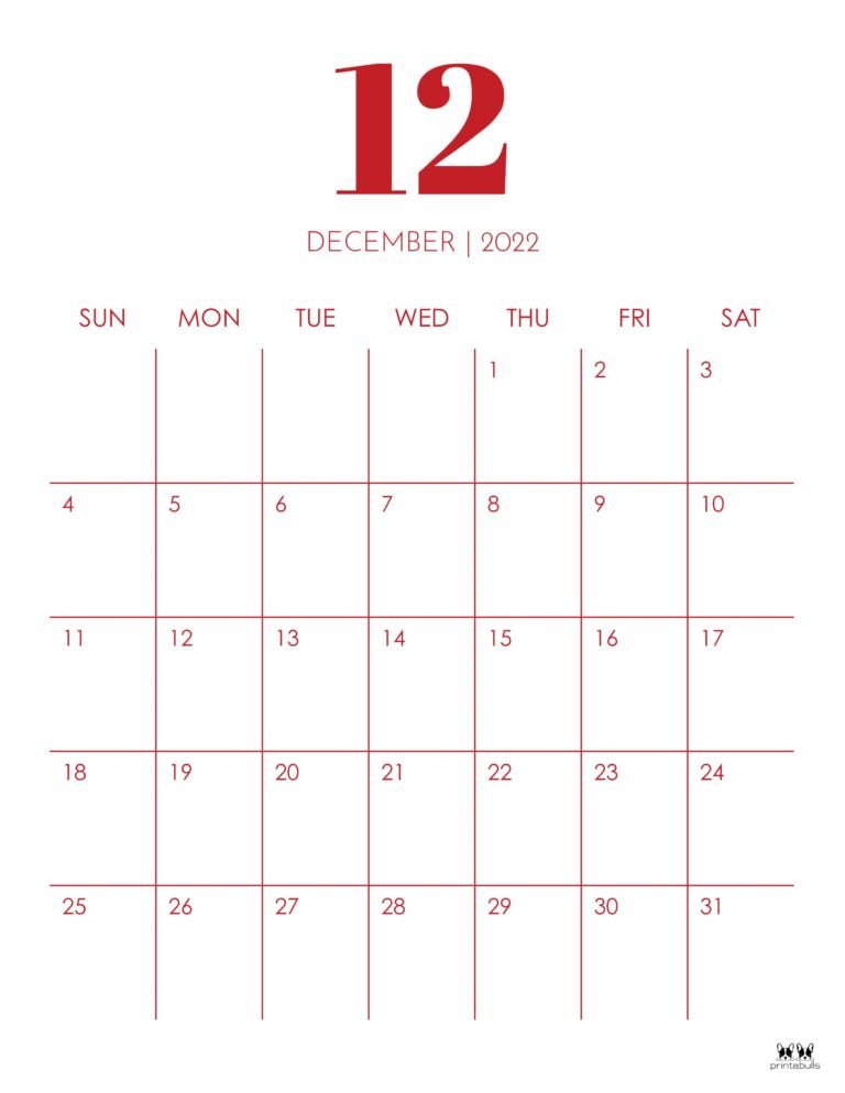 December 2022 Calendars - 50 FREE Printables | Printabulls