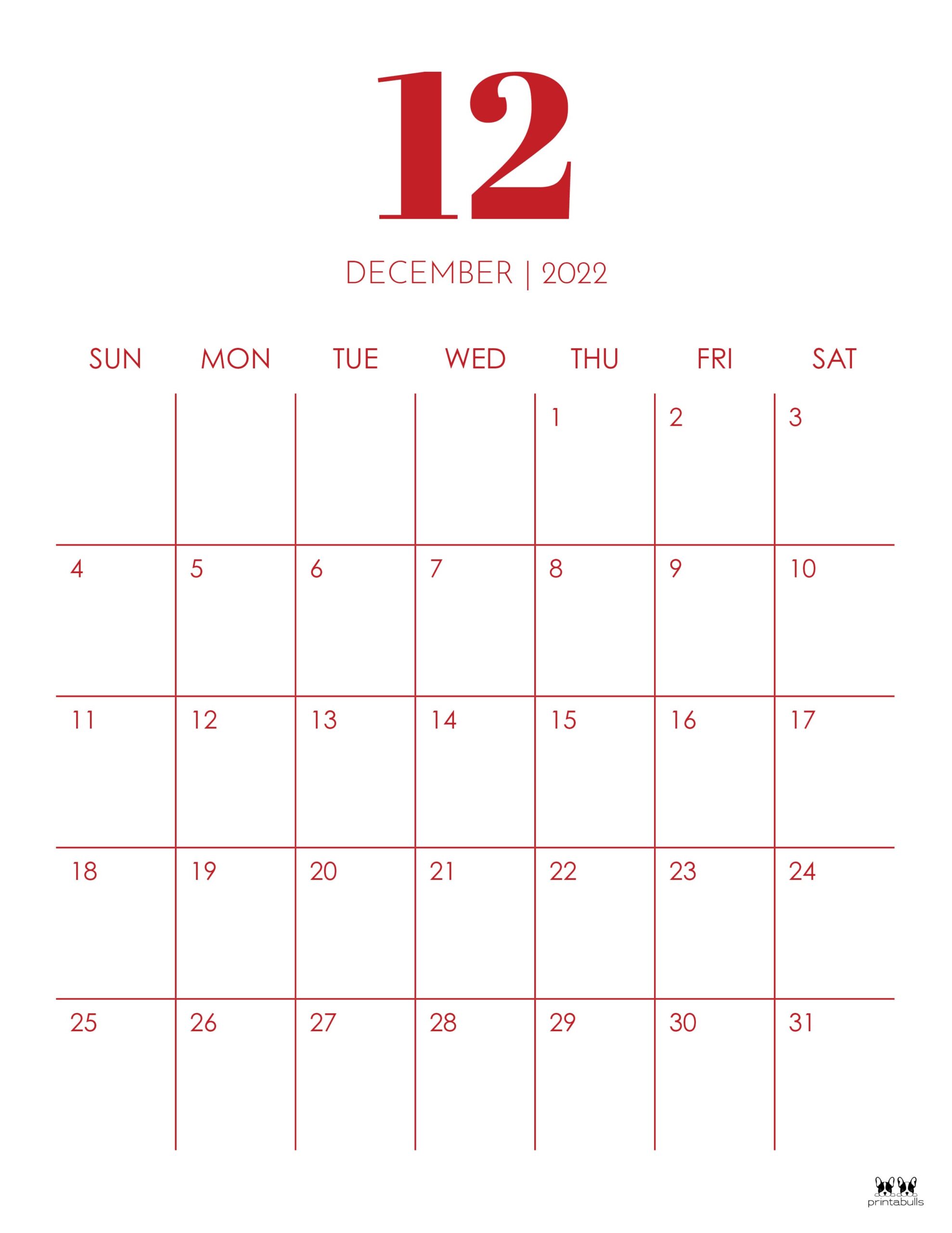 December 2022 Calendars - 50 FREE Printables | Printabulls