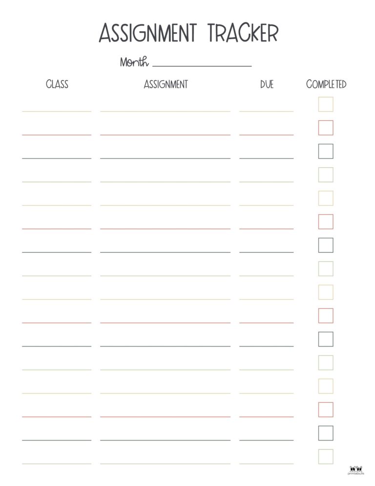 Assignment Trackers - 12 FREE Printables | Printabulls