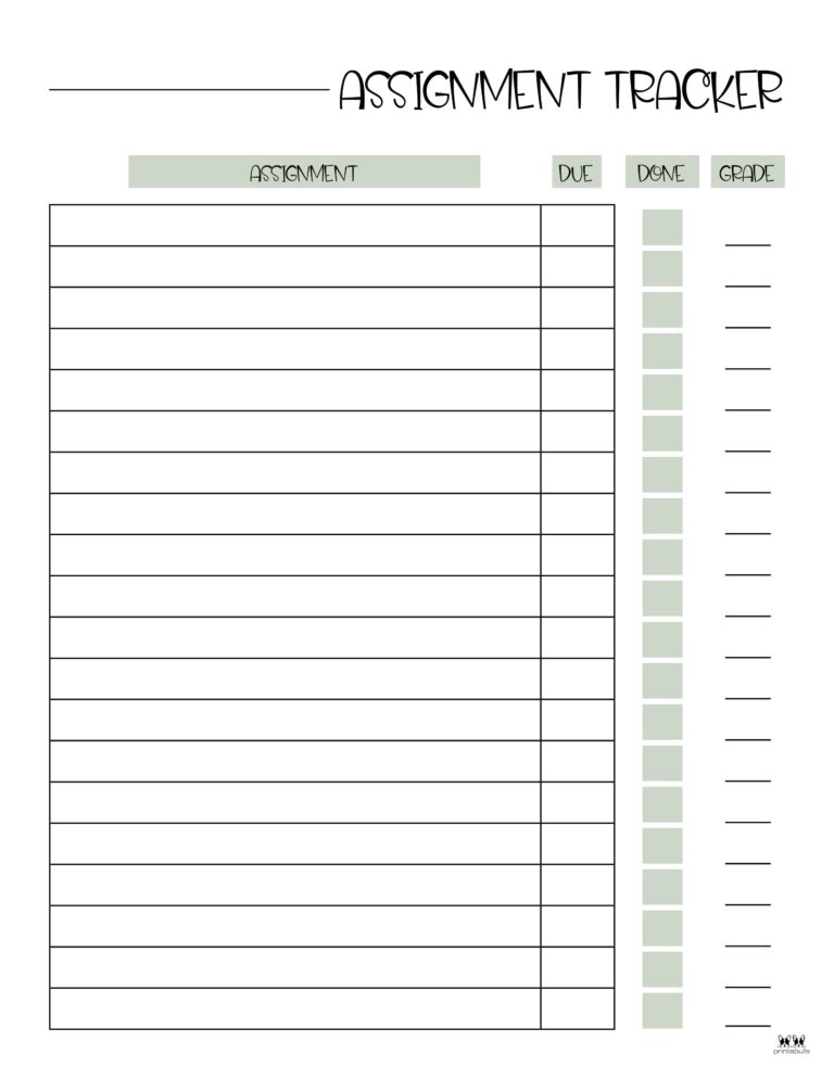 Assignment Trackers - 12 FREE Printables | Printabulls