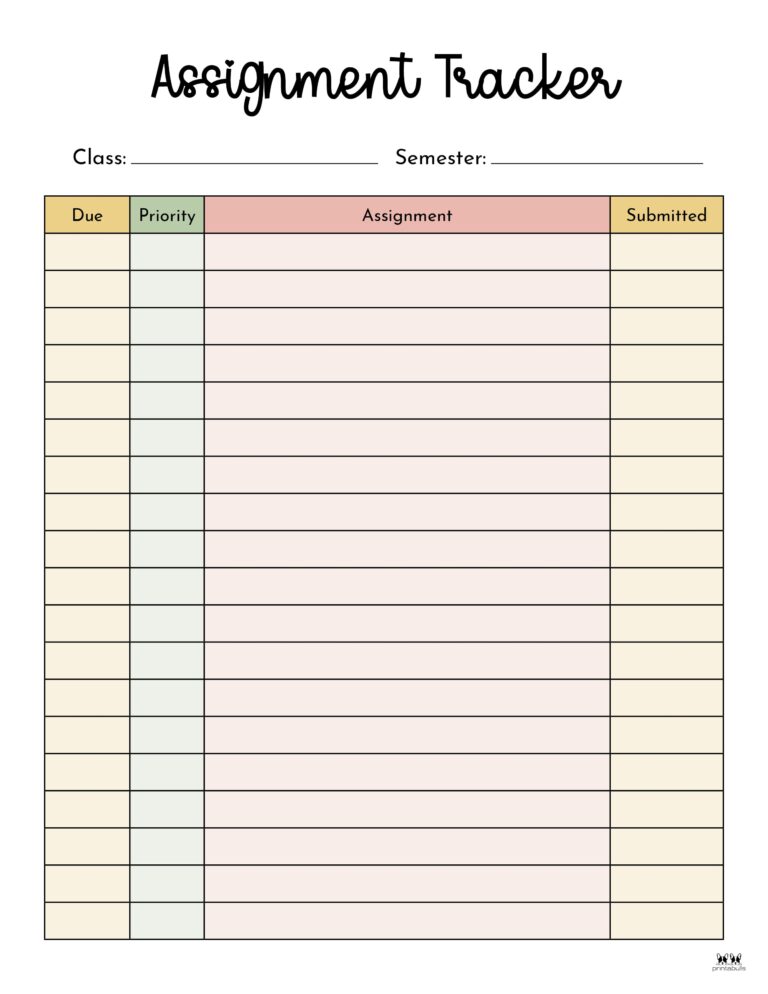 Assignment Trackers - 12 FREE Printables | Printabulls