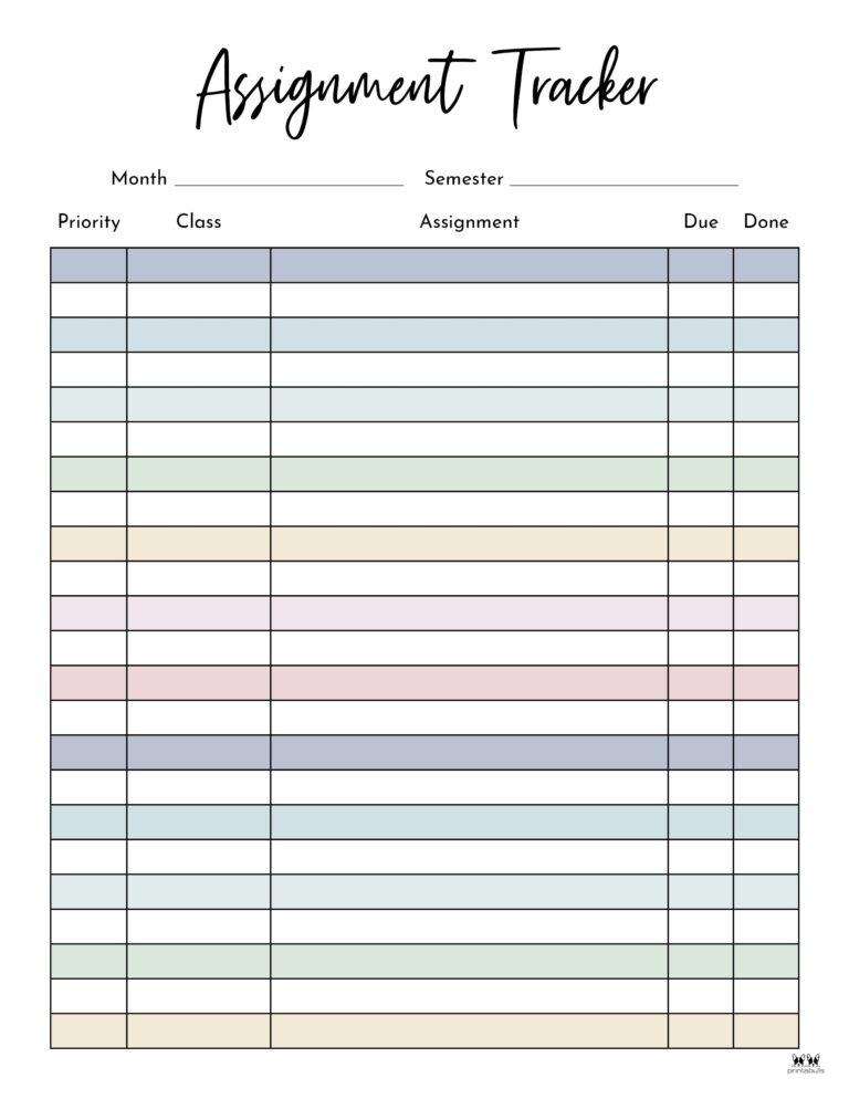 Assignment Trackers - 12 FREE Printables | Printabulls