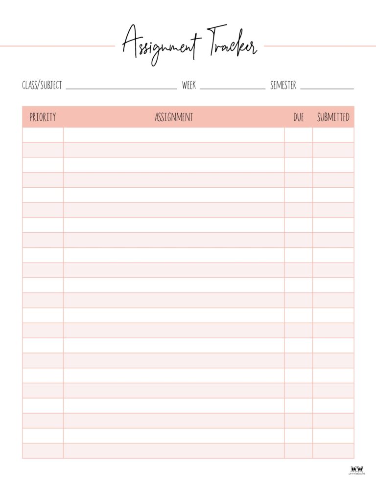 Assignment Trackers - 12 FREE Printables | Printabulls