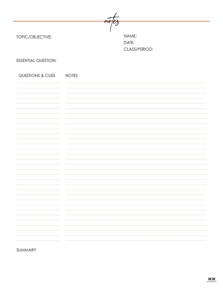 Cornell Notes Templates - 15 FREE Printables | Printabulls