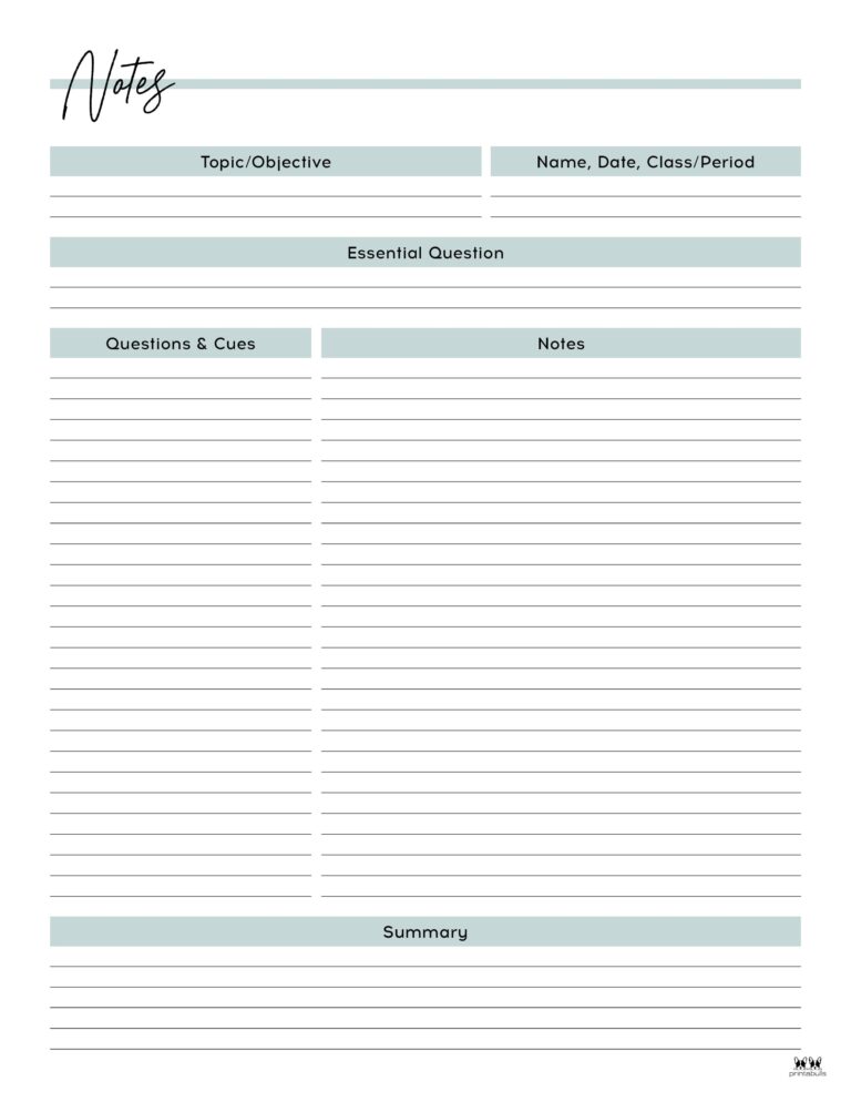 Cornell Notes Templates - 15 FREE Printables | Printabulls