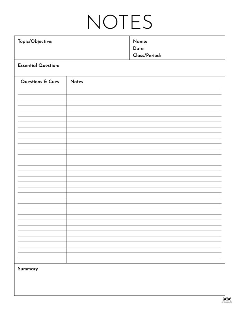 Cornell Notes Templates - 15 FREE Printables | Printabulls