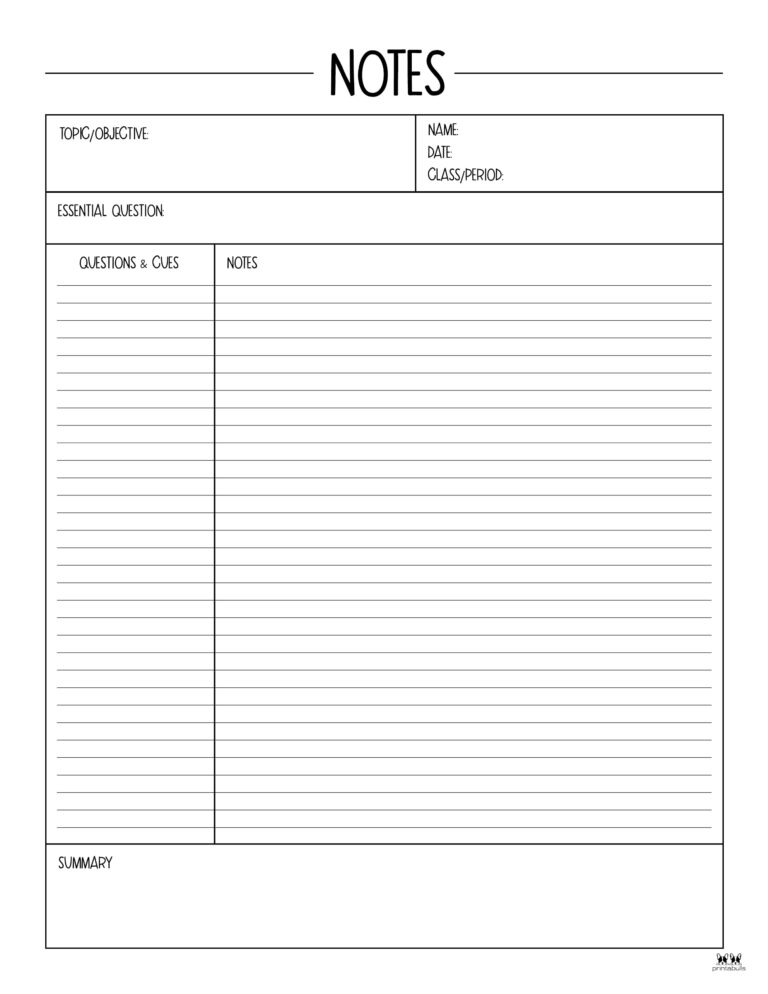 Cornell Notes Templates - 15 FREE Printables | Printabulls