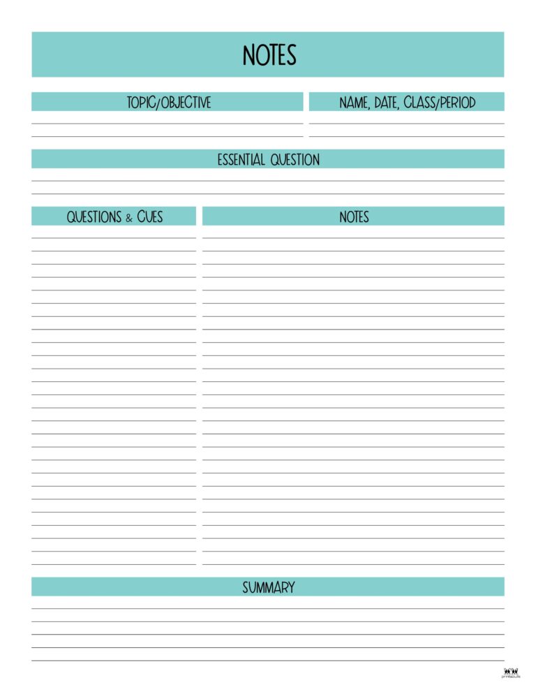 Cornell Notes Templates - 15 FREE Printables | Printabulls