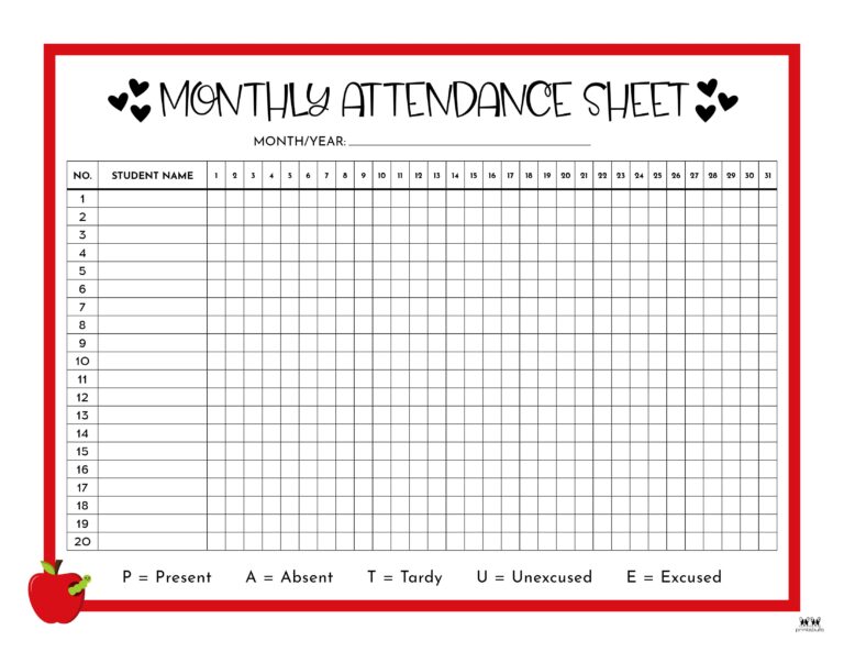 Attendance Sheets - 52 FREE Printables - PrintaBulk