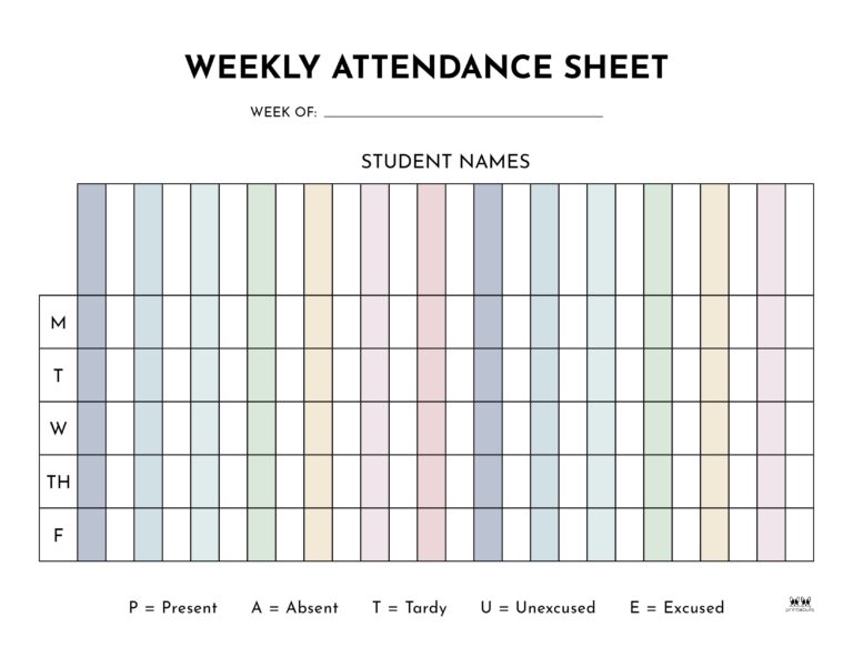 Attendance Sheets - 52 FREE Printables | Printabulls