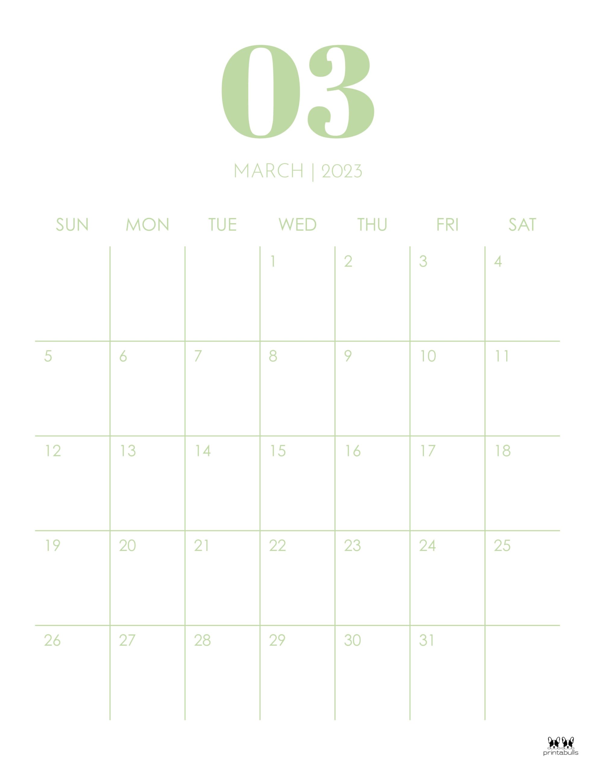 March 2023 Calendars - 50 FREE Printables | Printabulls