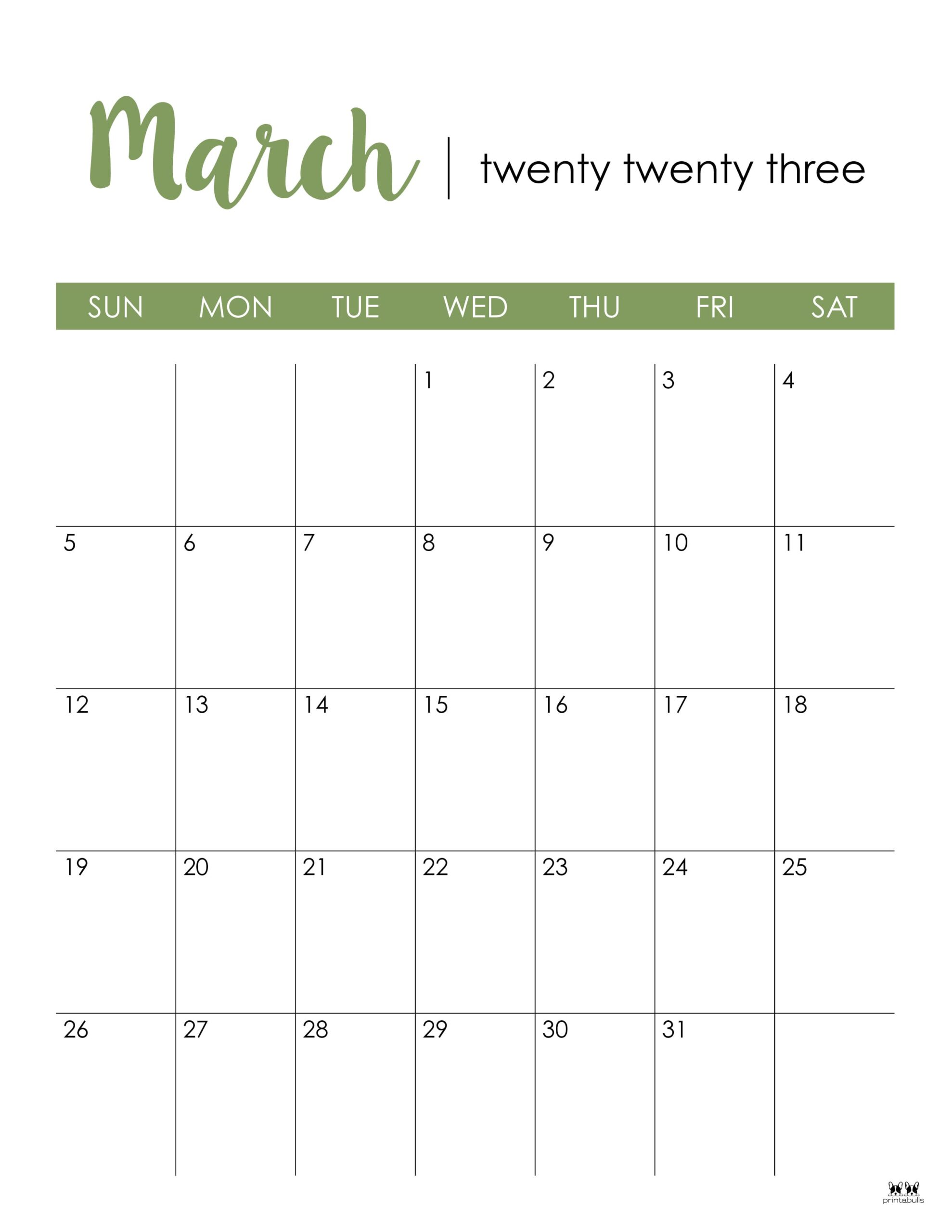 March 2023 Calendars - 50 FREE Printables | Printabulls