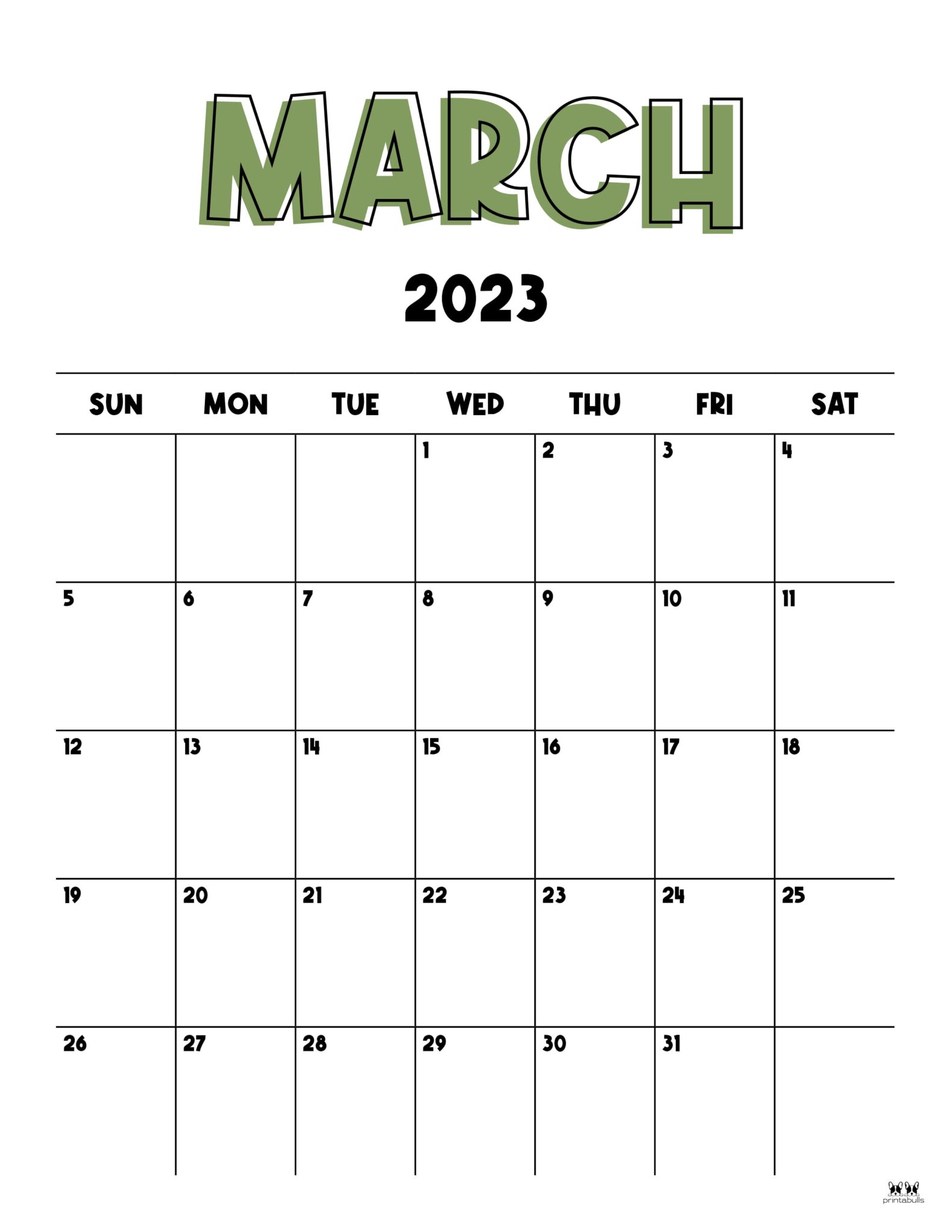 March 2023 Calendars - 50 FREE Printables | Printabulls