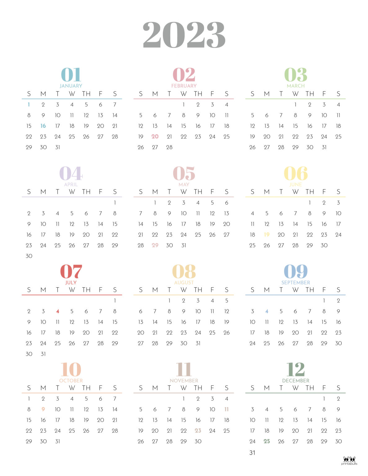 2023 Yearly Calendars - 28 FREE Printables | Printabulls 2023 Yearly Calendars - 28 FREE Printables | Printabulls